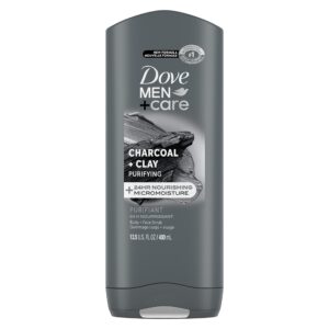 dove men + care purifying charcoal + clay body and face wash with 24-hour nourishing micromoisture technology body wash for men, 13.5 oz