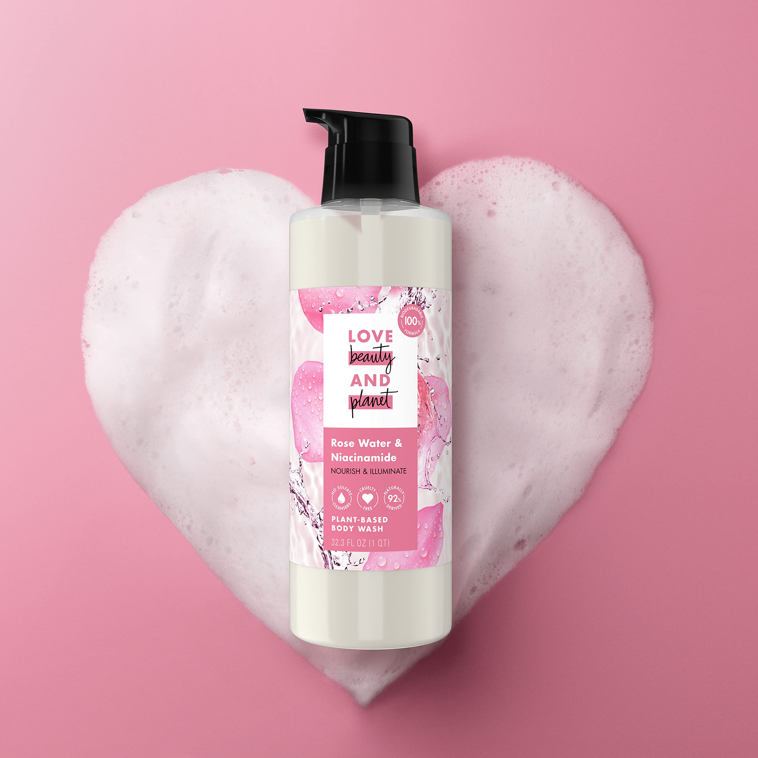 Love Beauty and Planet Plant-Based Body Wash Nourish and Illuminate Skin Rose Water and Niacinamide Made with Plant-Based Cleansers and Skin Care Ingredients 32.3 fl oz