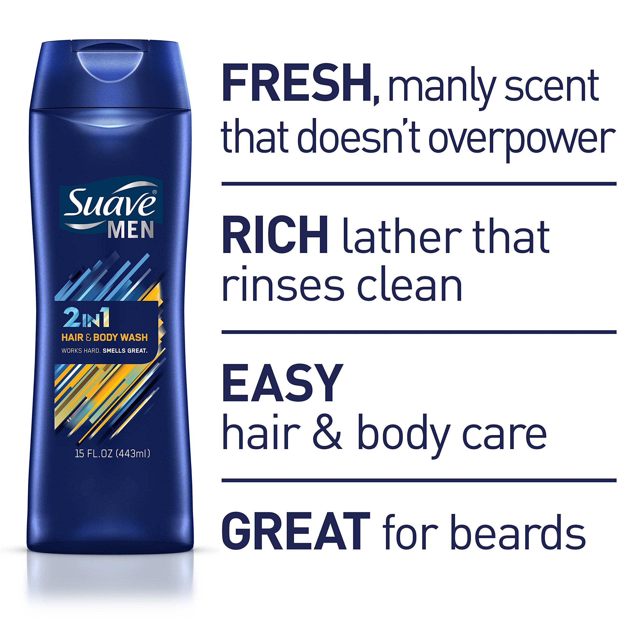 Suave Men 3in1 for Everyday Use Hair, Body and Face Wash Fragrance Bodywash, Shower Gel and Shampoo for Men 15 Fl Oz (Pack of 6)