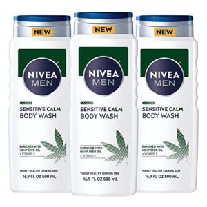 nivea men sensitive calm body wash with vitamin e and hemp seed oil, 3 pack of 16.9 fl oz bottles