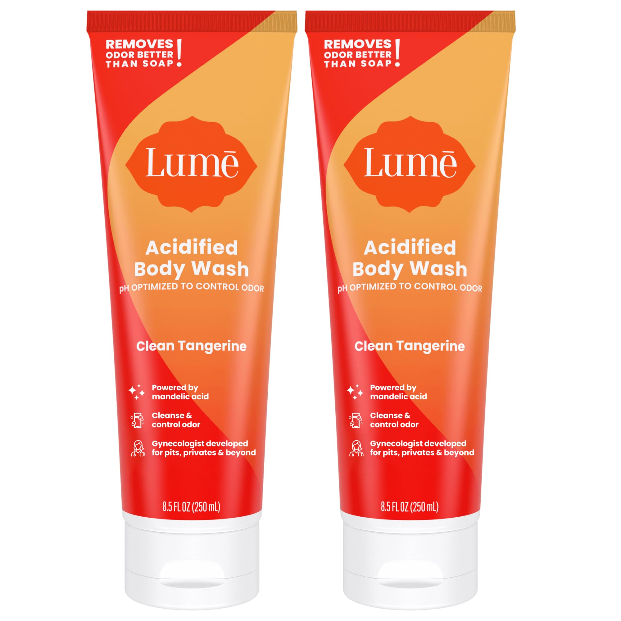 Lume Acidified Body Wash - 24 Hour Odor Control - Removes Odor Better than Soap - Moisturizing Formula - Formulated Without SLS or Parabens - OB/GYN Developed - 8.5 ounce (Pack of 2) (Clean Tangerine)