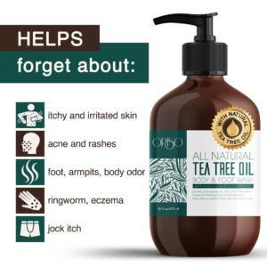 Tea Tree Oil Body Wash - Helps Athletes Foot, Ringworm, Jock Itchy, Acne, Eczema, Yeast Infection, Body Odor, Itchy Skin - With Moisturizing Aloe - Sulfate Free - 16oz