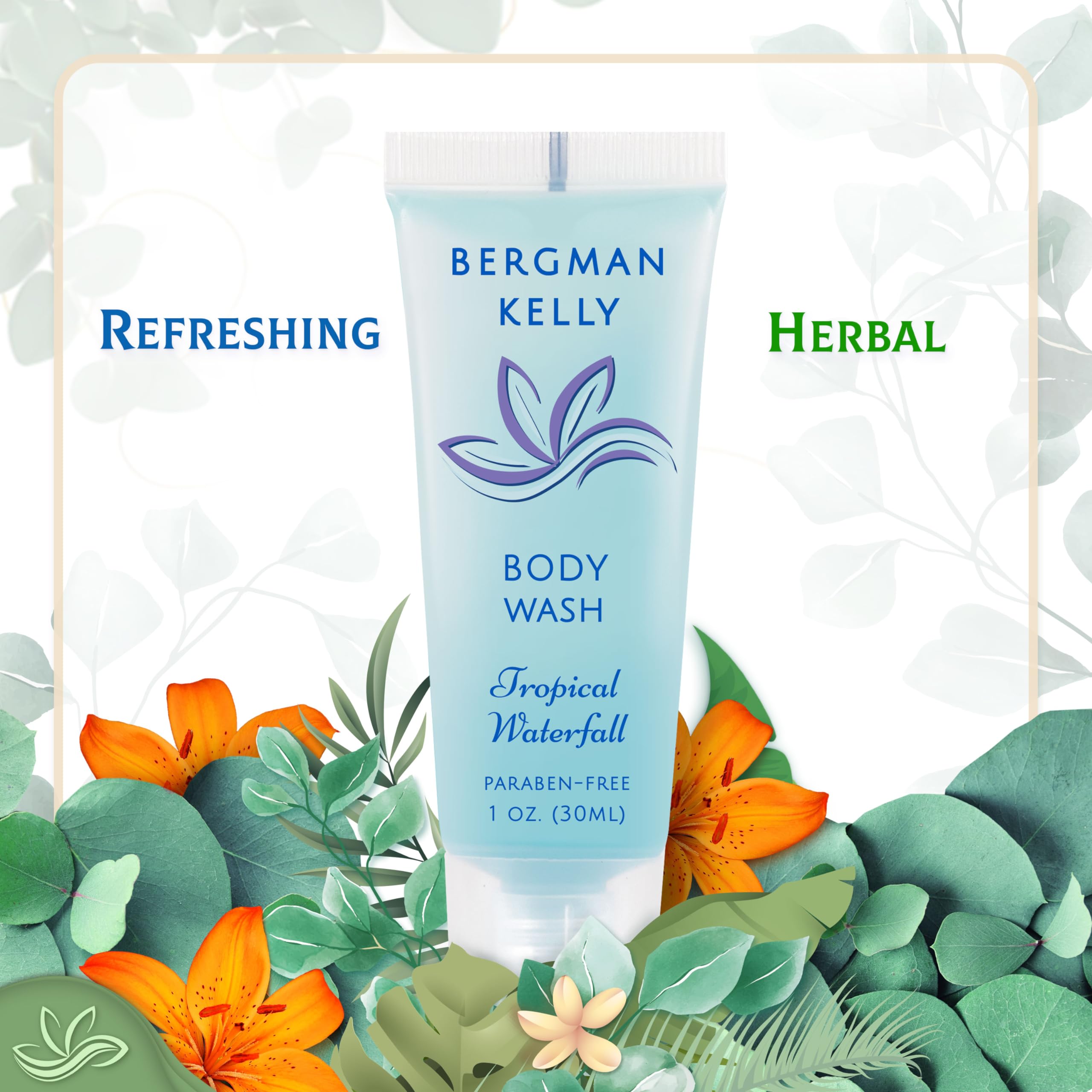 BERGMAN KELLY Travel Size Body Wash (1 fl oz, 100 PK, Tropical Waterfall), Delight Your Guests with an Invigorating and Refreshing Hotel Body Wash, Mini and Small Size Guest Hotel Toiletries in Bulk