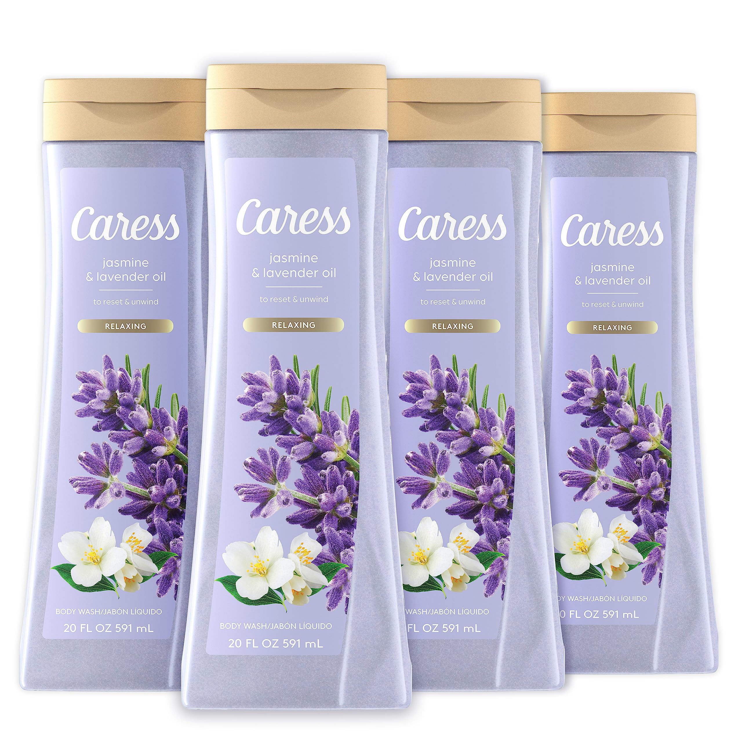 Caress Body Wash for Women, Jasmine & Lavender Oil, Relaxing Shower Gel to Rest & Unwind, 20 fl oz, 4 Pack