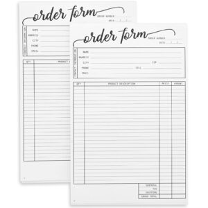 juvale set of 2 work order forms with carbon copy, invoice book for small business supplies, black scripted design, 50 receipts per pad for 50 orders (5.5 x 8.5 inches)