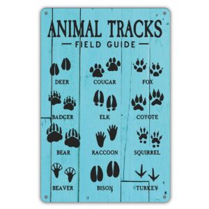 funny blue animal tracks field guide metal tin sign wall decor rustic retro educational poster sign for home office nursery bedroom decor gifts