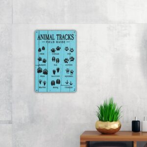 Funny Blue Animal Tracks Field Guide Metal Tin Sign Wall Decor Rustic Retro Educational Poster Sign for Home Office Nursery Bedroom Decor Gifts