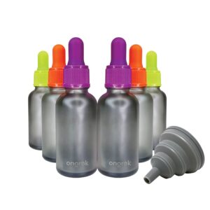 ongrok glass dropper bottles (1oz/30ml), 6 pack, color coded tincture bottles with dropper, uv resistant, frosted grey glass vials with pipette dropper, funnel included