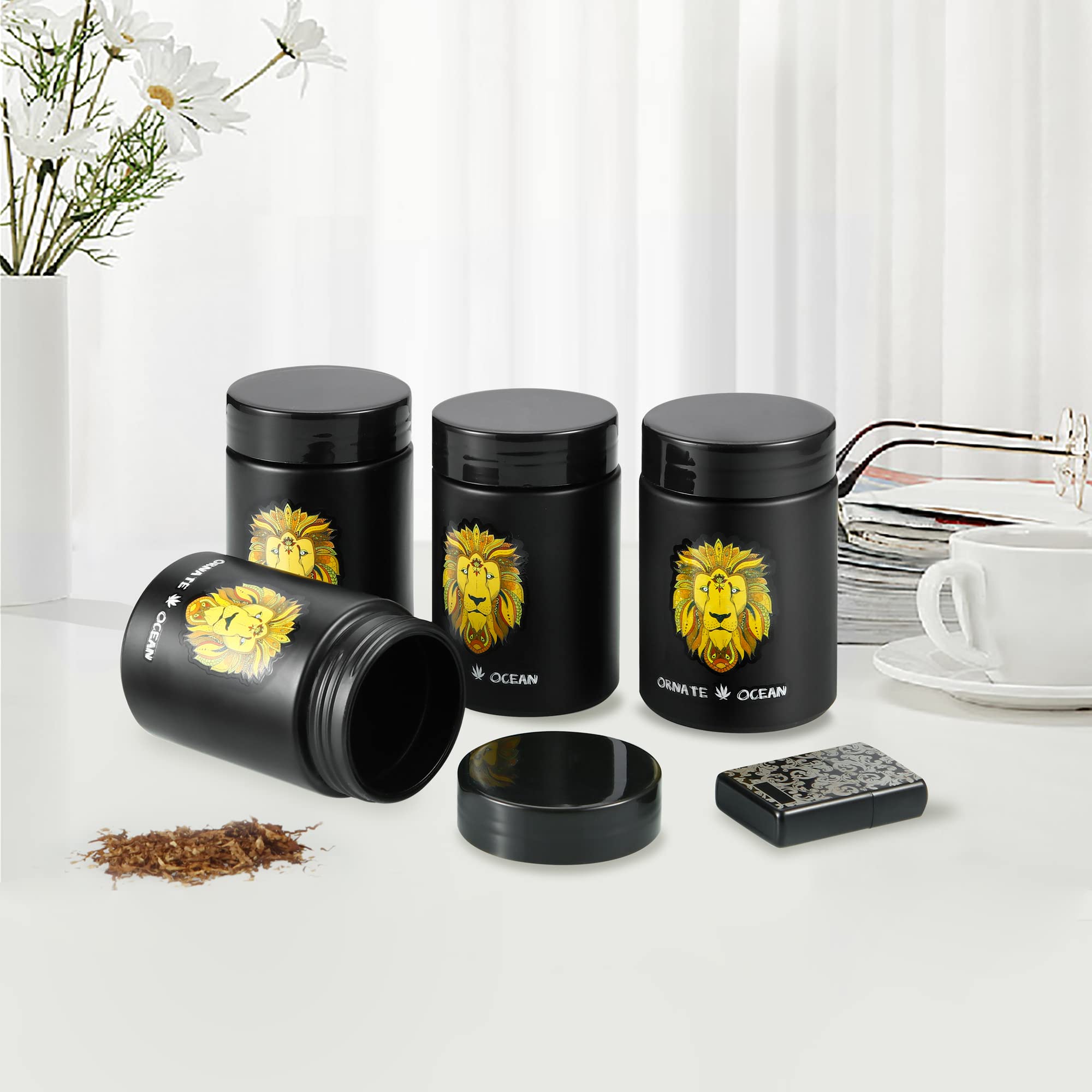 Ornate Ocean 4-Pack 250ml UV Glass Stash Jars Lion King - 4 Piece Set Multipurpose Storage Containers - Convenient Airtight Smell Free Screw Top Lid Jars Preserves and Secures Your Herbs