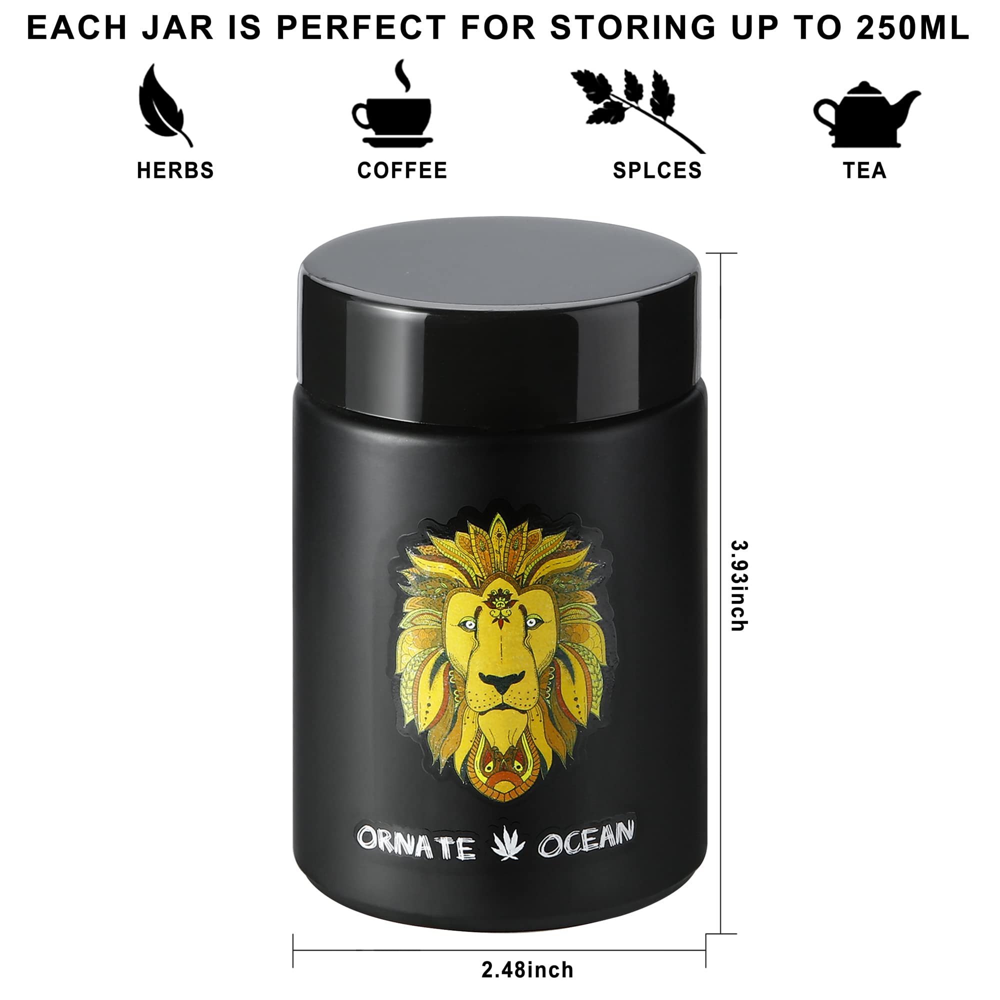 Ornate Ocean 4-Pack 250ml UV Glass Stash Jars Lion King - 4 Piece Set Multipurpose Storage Containers - Convenient Airtight Smell Free Screw Top Lid Jars Preserves and Secures Your Herbs