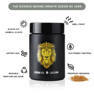 Ornate Ocean 4-Pack 250ml UV Glass Stash Jars Lion King - 4 Piece Set Multipurpose Storage Containers - Convenient Airtight Smell Free Screw Top Lid Jars Preserves and Secures Your Herbs