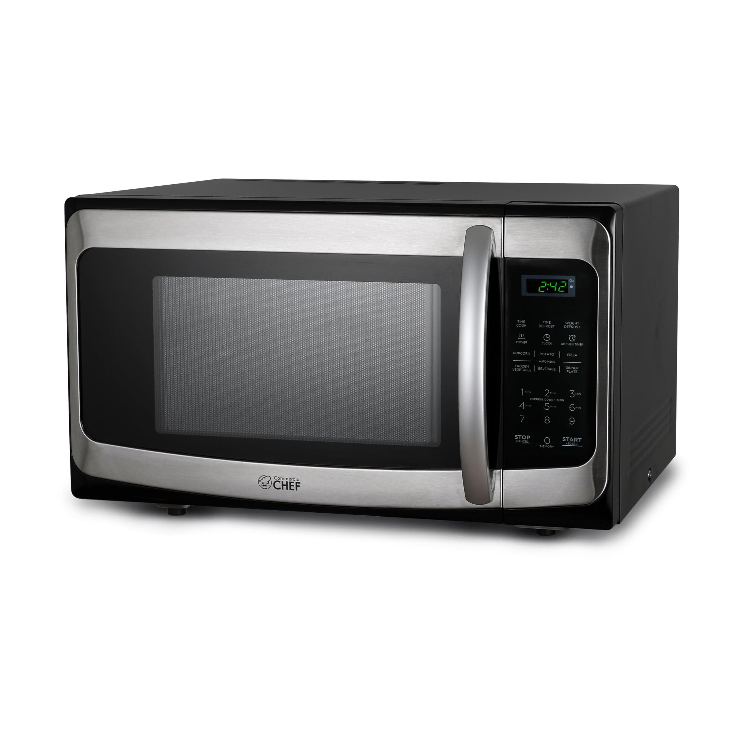 COMMERCIAL CHEF 1.1 Cu Ft Microwave with 10 Power Levels, Microwave 1000W with Push Button Door Lock, Countertop Microwave with Microwave Turntable and Digital Controls, Stainless Steel