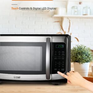 COMMERCIAL CHEF 1.1 Cu Ft Microwave with 10 Power Levels, Microwave 1000W with Push Button Door Lock, Countertop Microwave with Microwave Turntable and Digital Controls, Stainless Steel