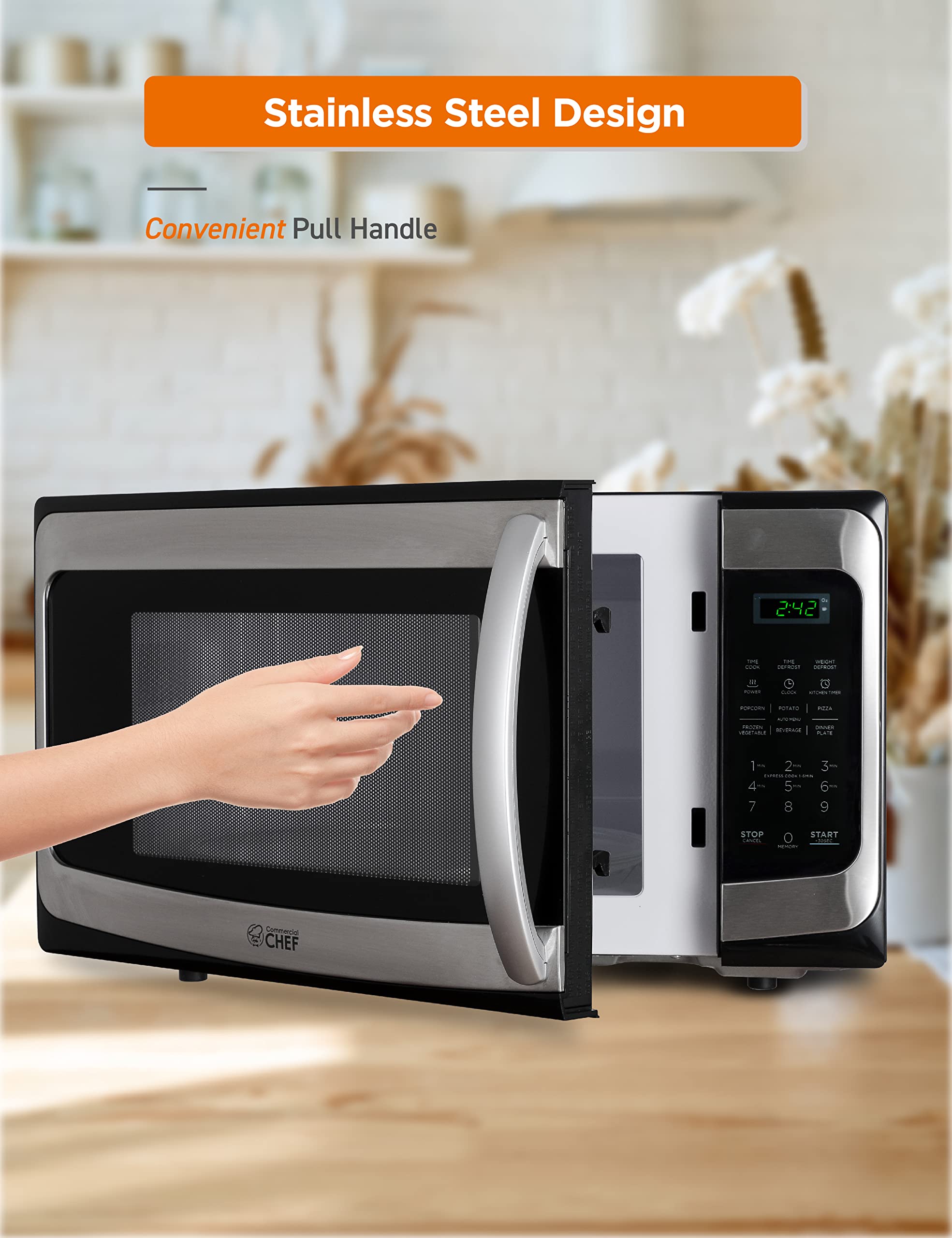 COMMERCIAL CHEF 1.1 Cu Ft Microwave with 10 Power Levels, Microwave 1000W with Push Button Door Lock, Countertop Microwave with Microwave Turntable and Digital Controls, Stainless Steel