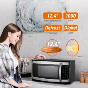 COMMERCIAL CHEF 1.1 Cu Ft Microwave with 10 Power Levels, Microwave 1000W with Push Button Door Lock, Countertop Microwave with Microwave Turntable and Digital Controls, Stainless Steel