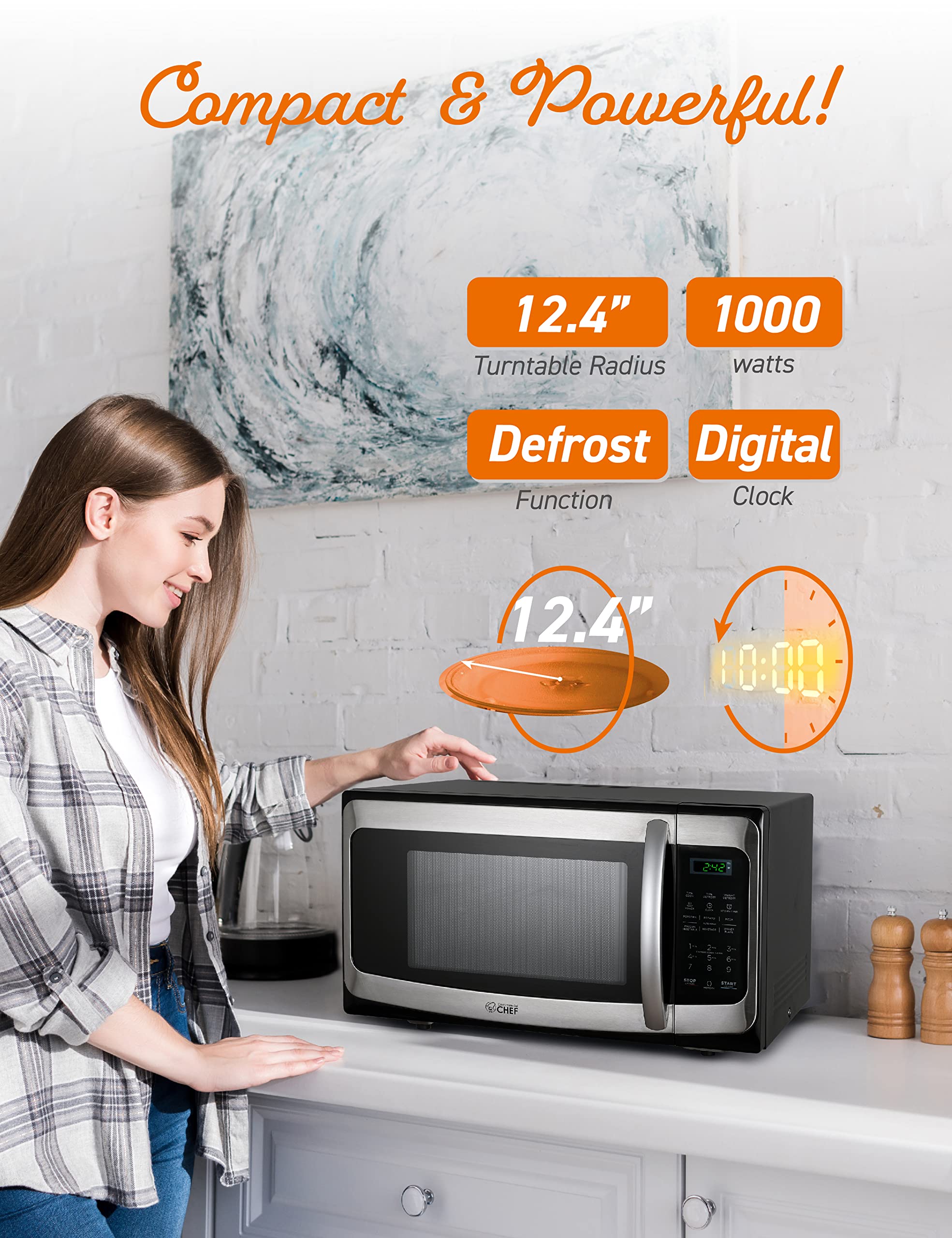 COMMERCIAL CHEF 1.1 Cu Ft Microwave with 10 Power Levels, Microwave 1000W with Push Button Door Lock, Countertop Microwave with Microwave Turntable and Digital Controls, Stainless Steel