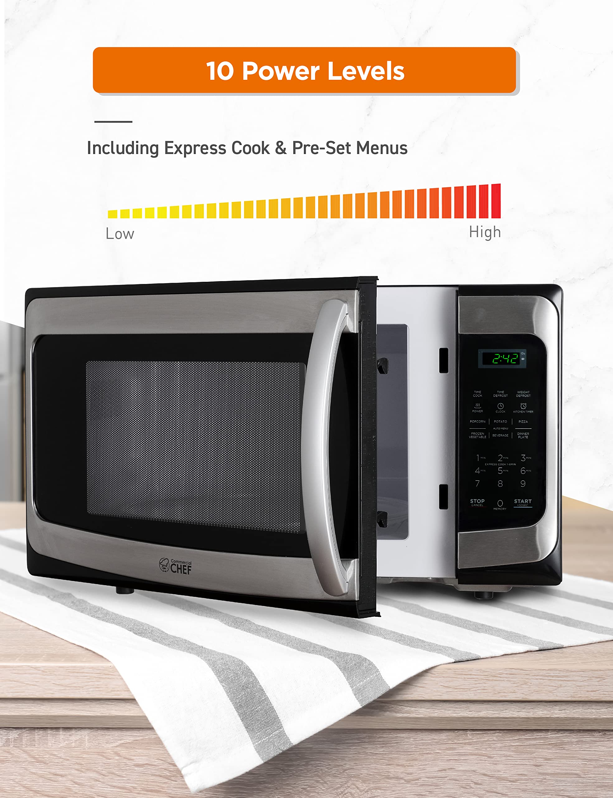 COMMERCIAL CHEF 1.1 Cu Ft Microwave with 10 Power Levels, Microwave 1000W with Push Button Door Lock, Countertop Microwave with Microwave Turntable and Digital Controls, Stainless Steel