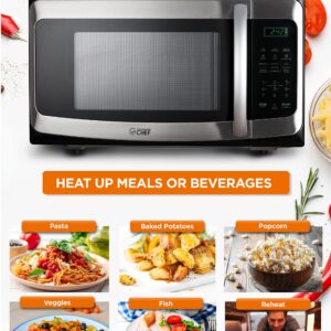 COMMERCIAL CHEF 1.1 Cu Ft Microwave with 10 Power Levels, Microwave 1000W with Push Button Door Lock, Countertop Microwave with Microwave Turntable and Digital Controls, Stainless Steel