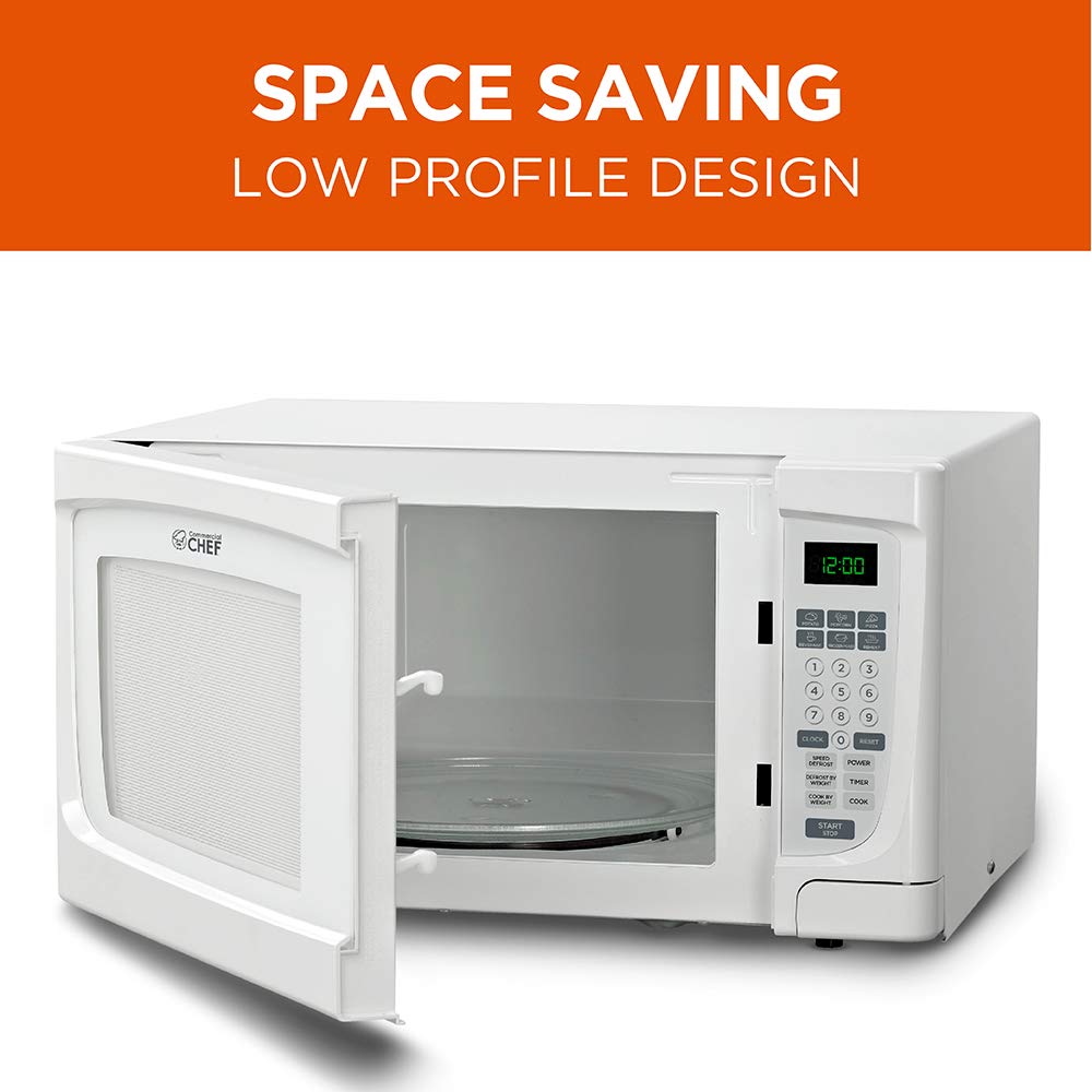 COMMERCIAL CHEF 1.6 Cubic Foot Microwave with 10 Power Levels, Small Microwave with Push Button, 1000 Watt Microwave with Digital Control Panels, Countertop Microwave with Timer, White