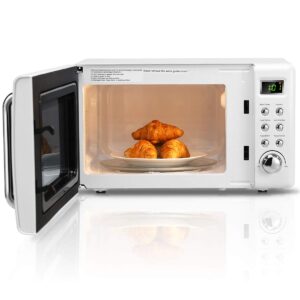 retro microwave oven,safeplus 0.7cu.ft, countertop 700w microwaves with cold rolled steel plate 5 micro power defrost & auto cooking function led display glass turntable and viewing window child lock