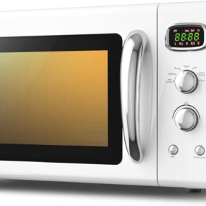 SIMOE Retro Microwave Oven, Compact Countertop Microwave 0.9 cu.ft. 900 W, Defrost & Auto Cooking Function, LED Display, Child Lock and Glass Turntable, ETL Certification, White