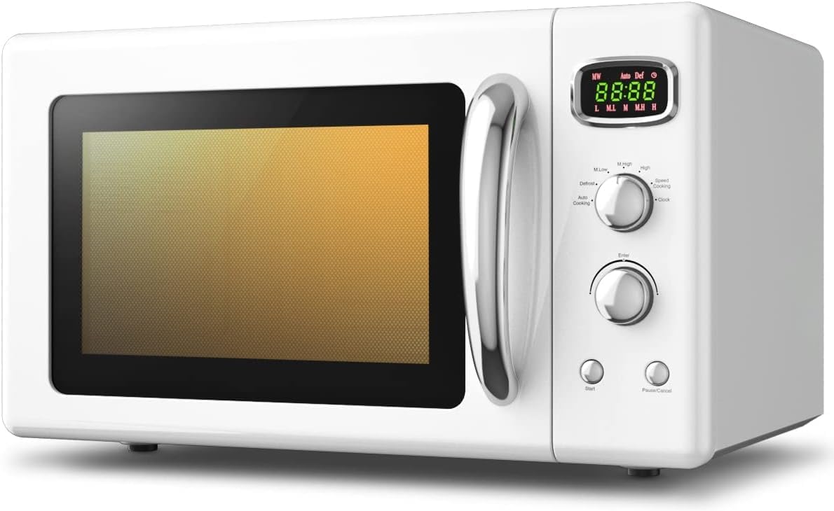 SIMOE Retro Microwave Oven, Compact Countertop Microwave 0.9 cu.ft. 900 W, Defrost & Auto Cooking Function, LED Display, Child Lock and Glass Turntable, ETL Certification, White