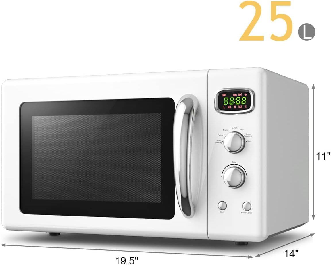 SIMOE Retro Microwave Oven, Compact Countertop Microwave 0.9 cu.ft. 900 W, Defrost & Auto Cooking Function, LED Display, Child Lock and Glass Turntable, ETL Certification, White