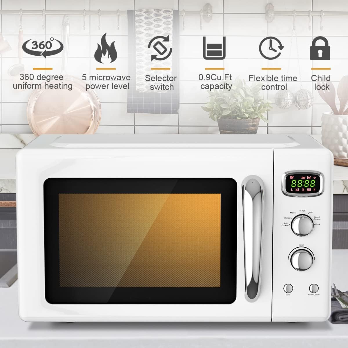 SIMOE Retro Microwave Oven, Compact Countertop Microwave 0.9 cu.ft. 900 W, Defrost & Auto Cooking Function, LED Display, Child Lock and Glass Turntable, ETL Certification, White