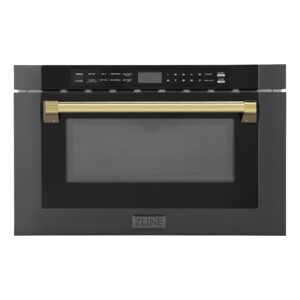 zline autograph edition 30" 1.2 cu. ft. built-in microwave drawer in black stainless steel and gold accents