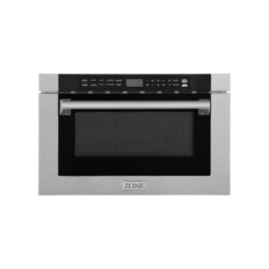 zline 24" 1.2 cu. ft. built-in microwave drawer with a traditional handle in durasnow stainless steel