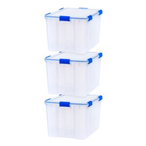 iris usa 74 qt storage box with gasket seal lid, 3 pack - bpa-free, made in usa - heavy duty moving containers with tight latch, weather proof tote bin, weatherpro - clear/blue