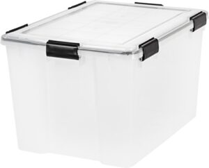 iris usa 74 quart weatherpro plastic storage box with durable lid and seal and secure latching buckles, weathertight, clear with black buckles, 1 pack