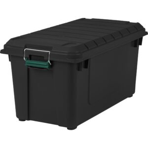 remington 20 gallon loackable weathertight storage totes with lids, heavy-duty durable stackable containers, 4 pack - green lid, large garage organizing bins, rugged sturdy equipment utility tool box