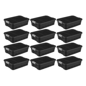 sterilite 10 gallon plastic stacker tote, heavy duty lidded storage bin container for stackable garage and basement organization, black, 12-pack