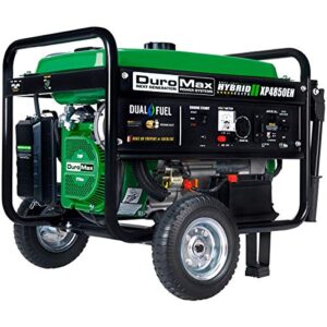 duromax xp4850eh generator-4850 watt gas or propane powered-electric start-camping & rv ready, 50 state approved dual fuel portable generator, green