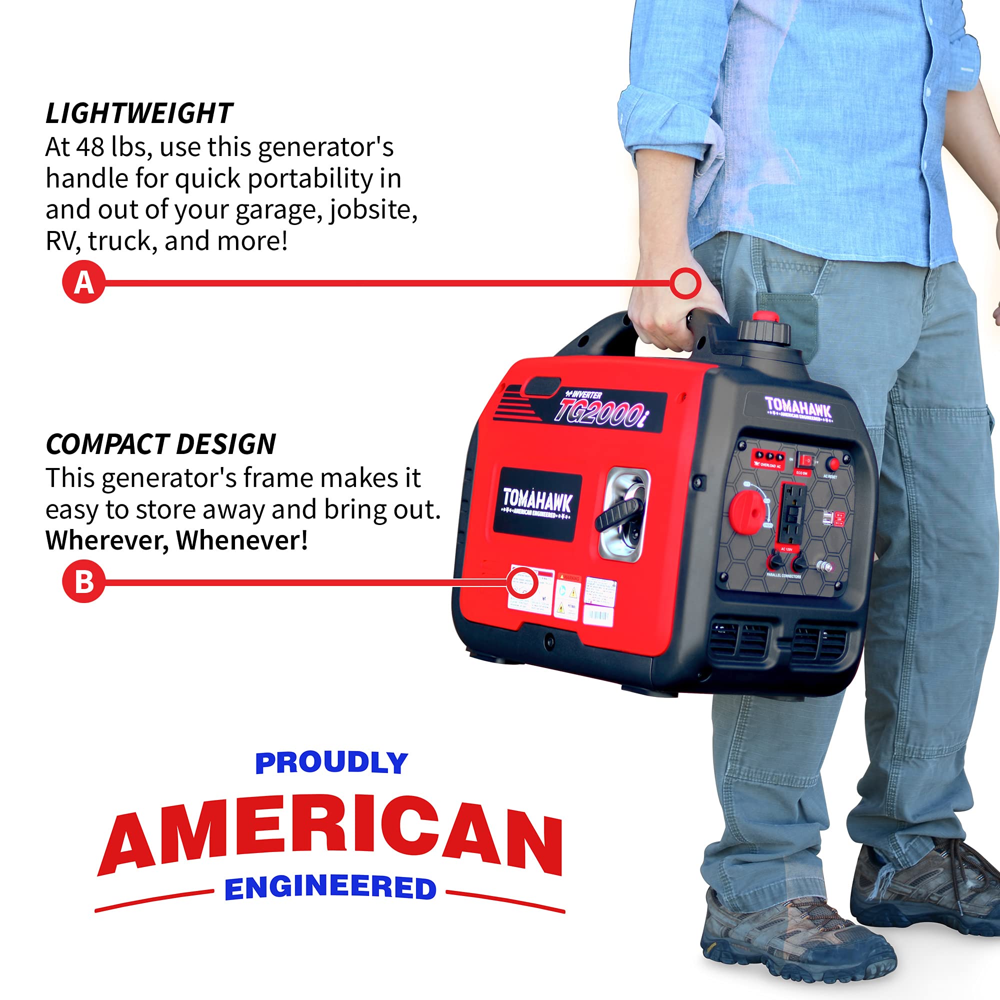 TOMAHAWK 2000 Watt Inverter Generator Super Quiet Portable Power For Residential Home Use 120V and USB Outlet Panel