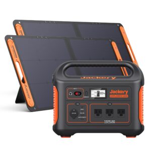 jackery solar generator 1000, 1002wh capacity with 2xsolarsaga 100w solar panels, 3x1000w ac outlets, portable power station ideal for home backup, emergency, rv outdoor camping black, orange