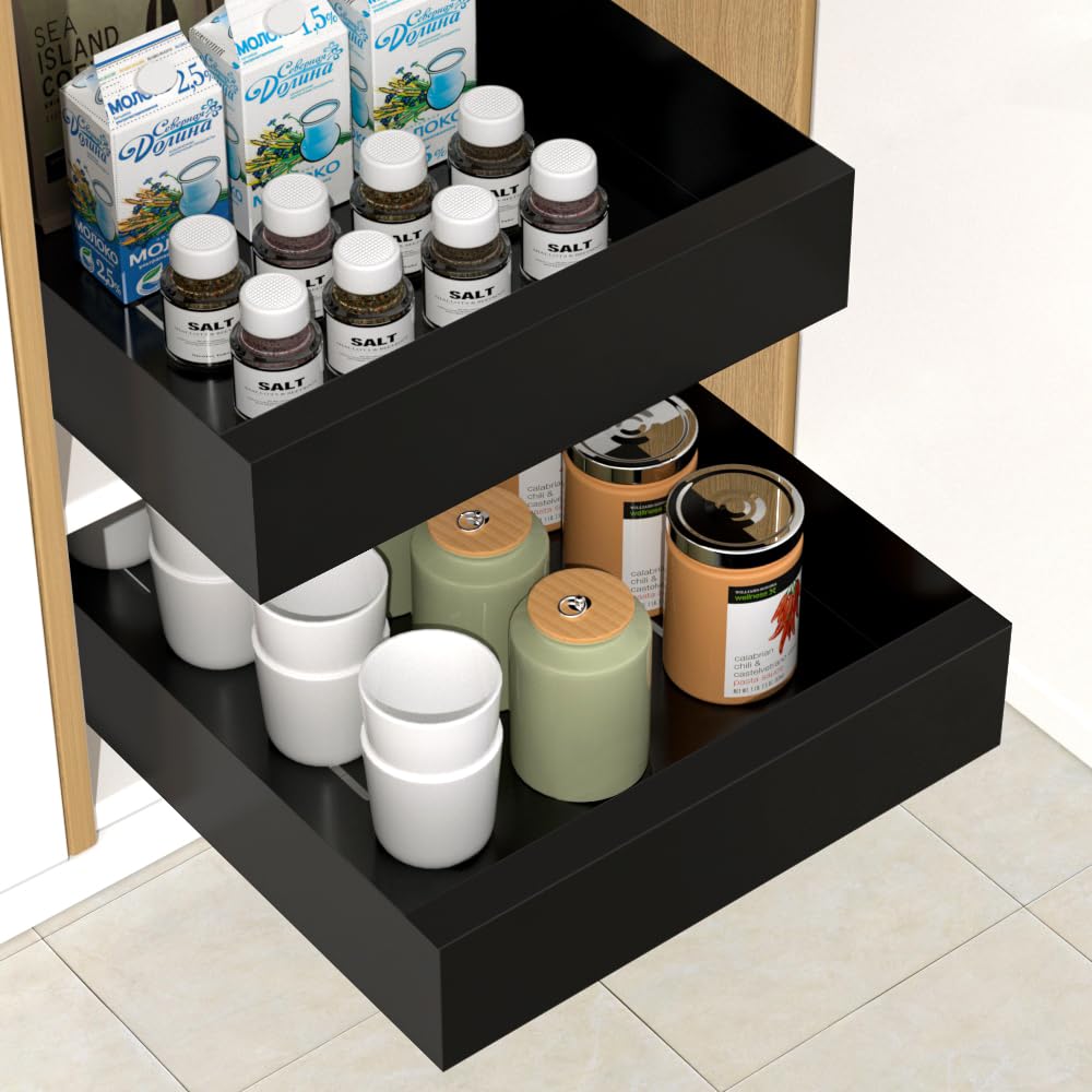 Pull Out Cabinet Organizer, Carbon Steel Cabinet Drawers Slide Out, Pantry Storage Shelves with Nano Adhesive Strip for Kitchen, Bathroom and Living Room 9.8"W X 16.5"D X 2.7"H.