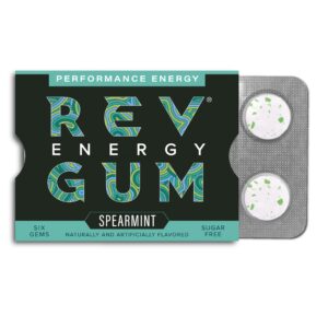 rev gum caffeine energy gum | performance energy 60mg of caffeine per gem | spearmint sugar free caffeinated mint chewing gum - low calorie chews to help you stay alert, awake and focused - 12 packs (72 count)