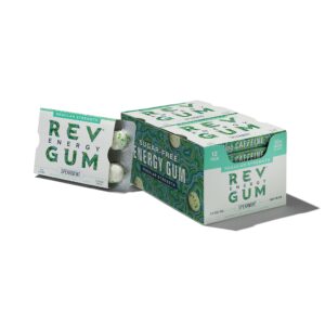 Rev Gum Caffeine Energy Gum | Performance Energy 60mg of Caffeine per Gem | Spearmint Sugar Free Caffeinated Mint Chewing Gum - Low Calorie Chews to Help You Stay Alert, Awake and Focused - 12 Packs (72 Count)