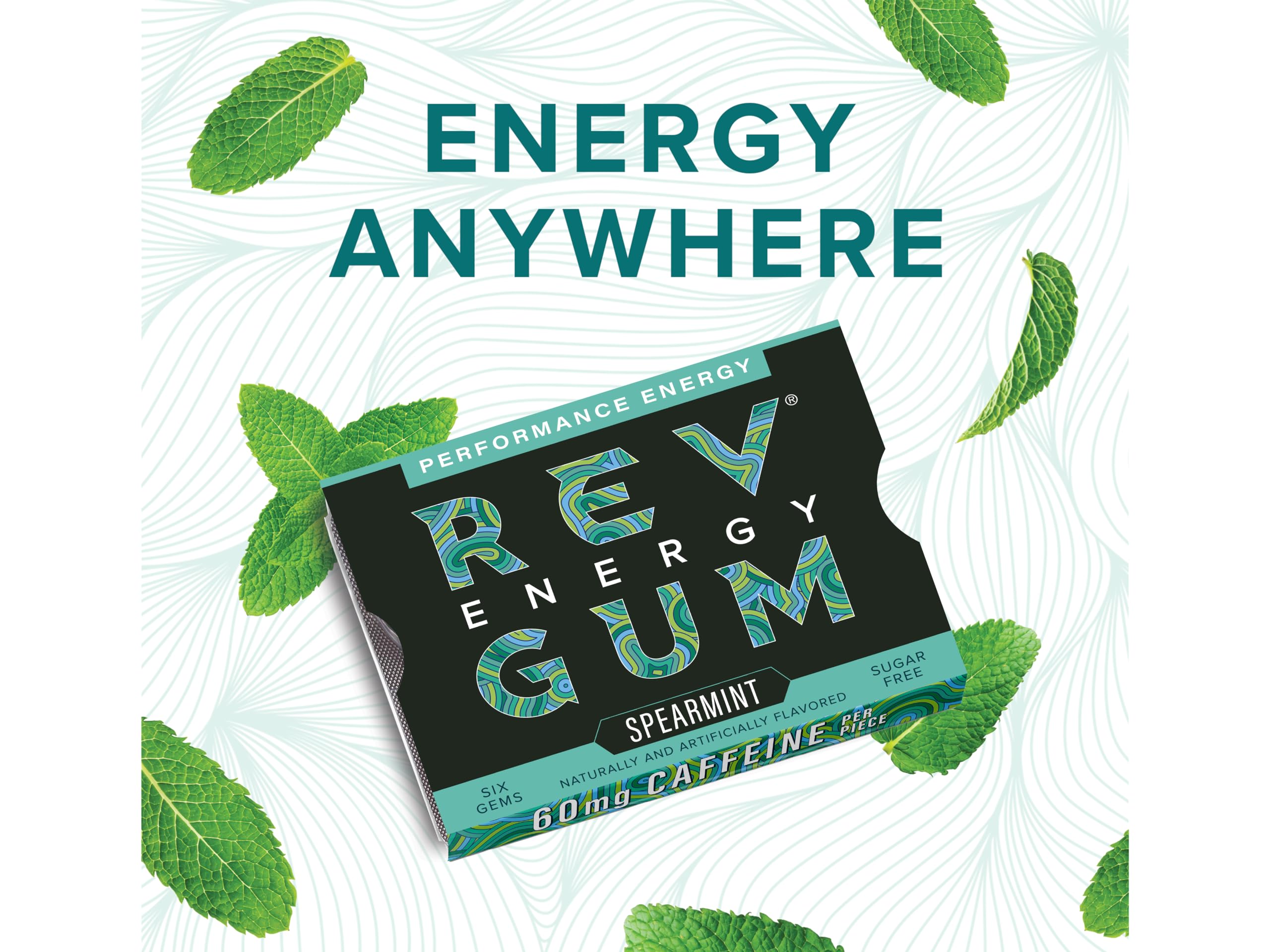 Rev Gum Caffeine Energy Gum | Performance Energy 60mg of Caffeine per Gem | Spearmint Sugar Free Caffeinated Mint Chewing Gum - Low Calorie Chews to Help You Stay Alert, Awake and Focused - 12 Packs (72 Count)