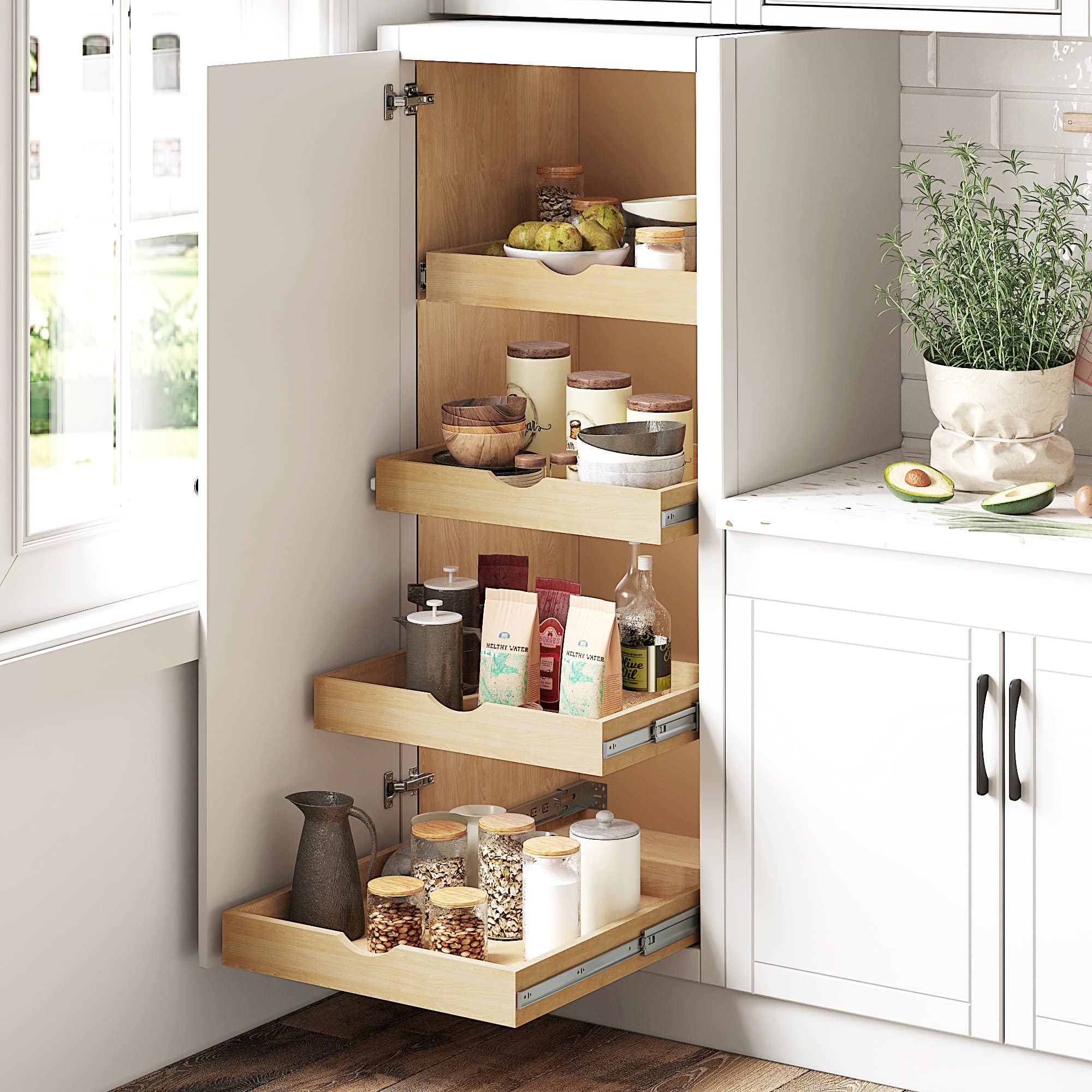 WelFurGeer Pull Out Shelves for Kitchen Cabinets, Pull Out Cabinet Shelf, Pull Out Cabinet Organizer, Slide Out Wood Cabinet Organizer, Wood Rack for Kitchen, Bathroom (32" Wide)