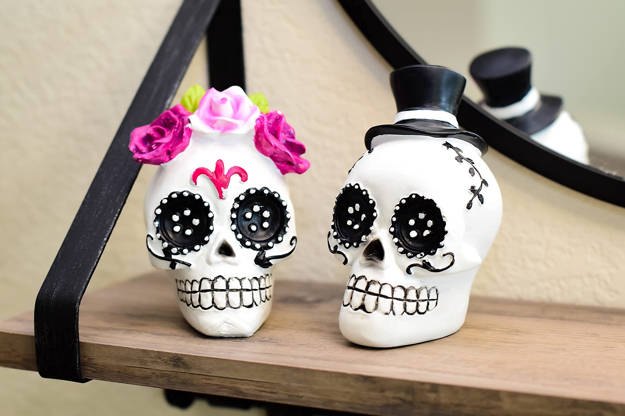 Barclay's Buys Better Home Goods Day of The Dead Skull Couple, Sugar Skull, Halloween Decor, Black and White Figurine Skeleton Set, Rose Wreath and Top Hat