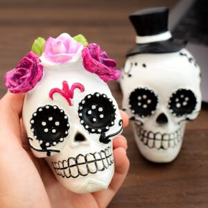 Barclay's Buys Better Home Goods Day of The Dead Skull Couple, Sugar Skull, Halloween Decor, Black and White Figurine Skeleton Set, Rose Wreath and Top Hat