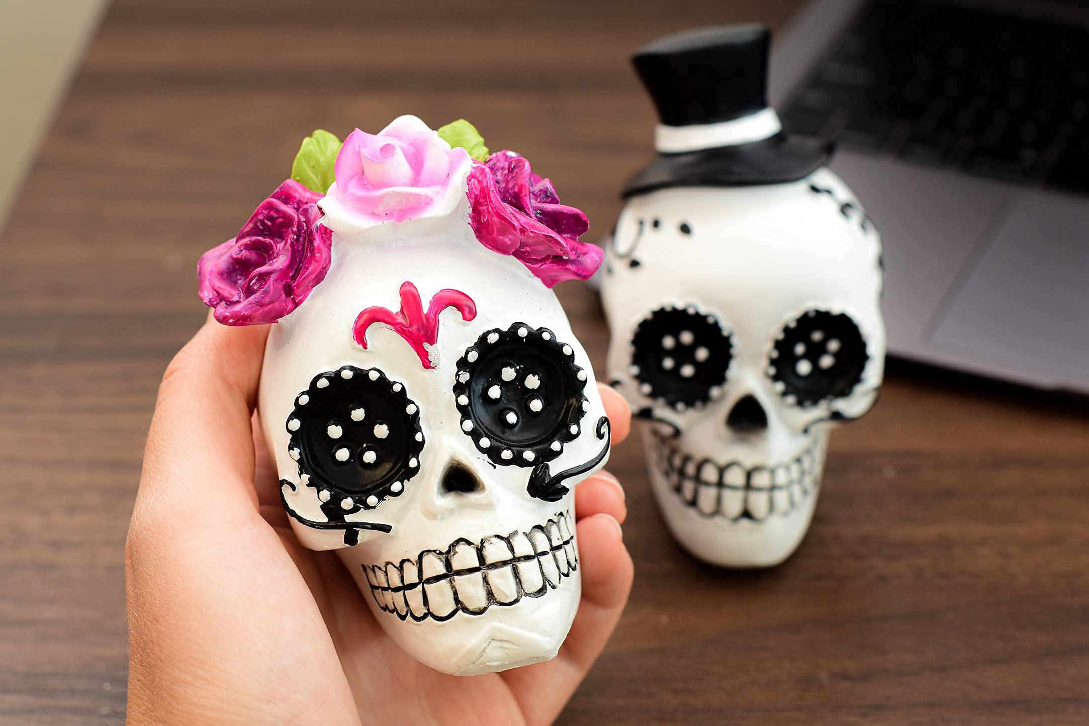 Barclay's Buys Better Home Goods Day of The Dead Skull Couple, Sugar Skull, Halloween Decor, Black and White Figurine Skeleton Set, Rose Wreath and Top Hat