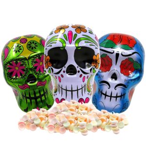 day of the dead sugar skull metal tin with hard candies inside, catrina dia de los muertos party favors and small halloween gifts, pack of 3