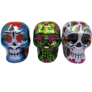 Day of the Dead Sugar Skull Metal Tin with Hard Candies Inside, Catrina Dia De Los Muertos Party Favors and Small Halloween Gifts, Pack of 3