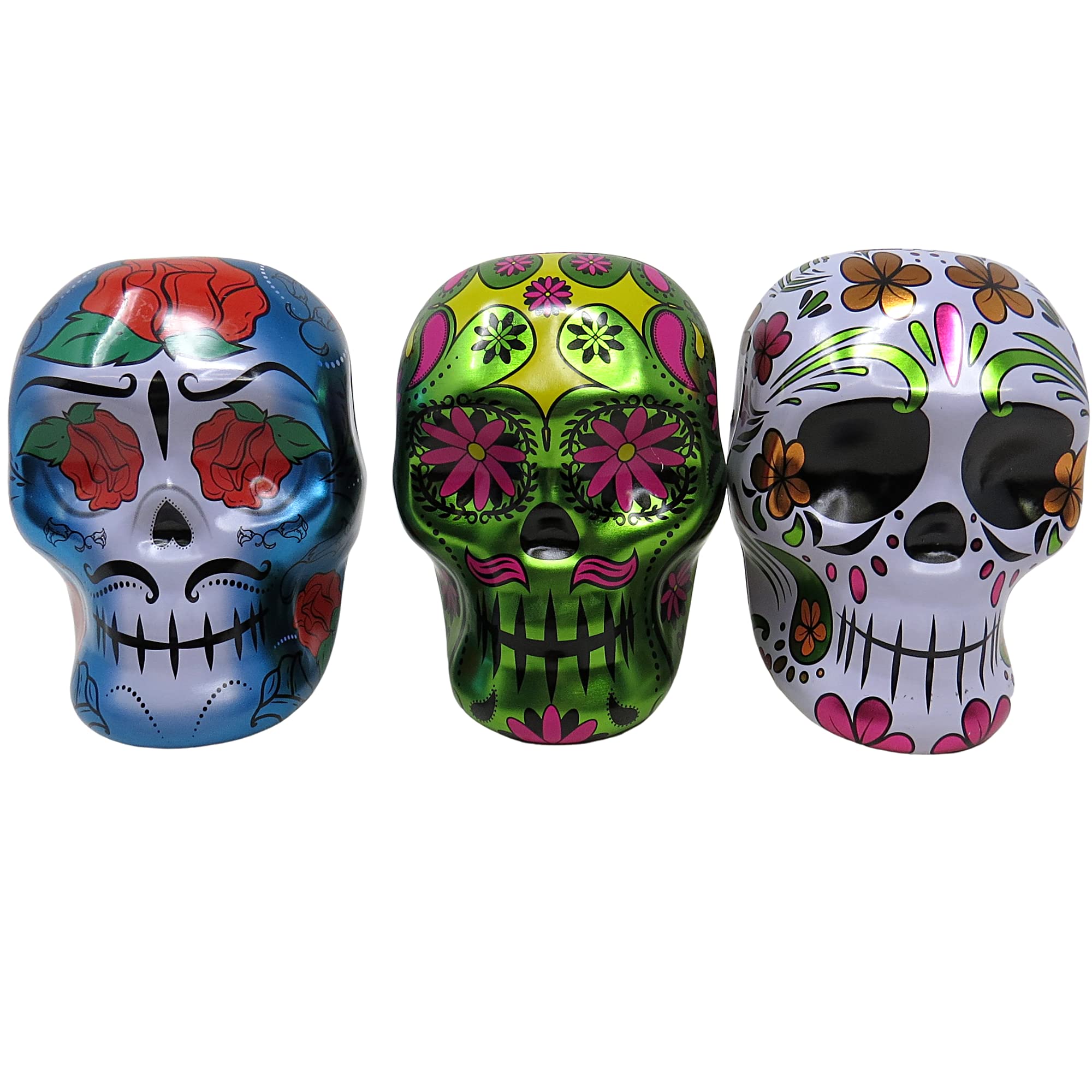 Day of the Dead Sugar Skull Metal Tin with Hard Candies Inside, Catrina Dia De Los Muertos Party Favors and Small Halloween Gifts, Pack of 3