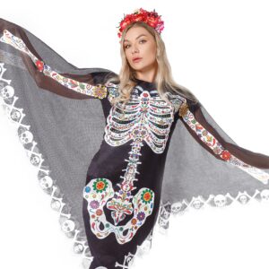 watcpno halloween skeleton poncho for women day of the dead skeleton costume lace skeleton cape shawl