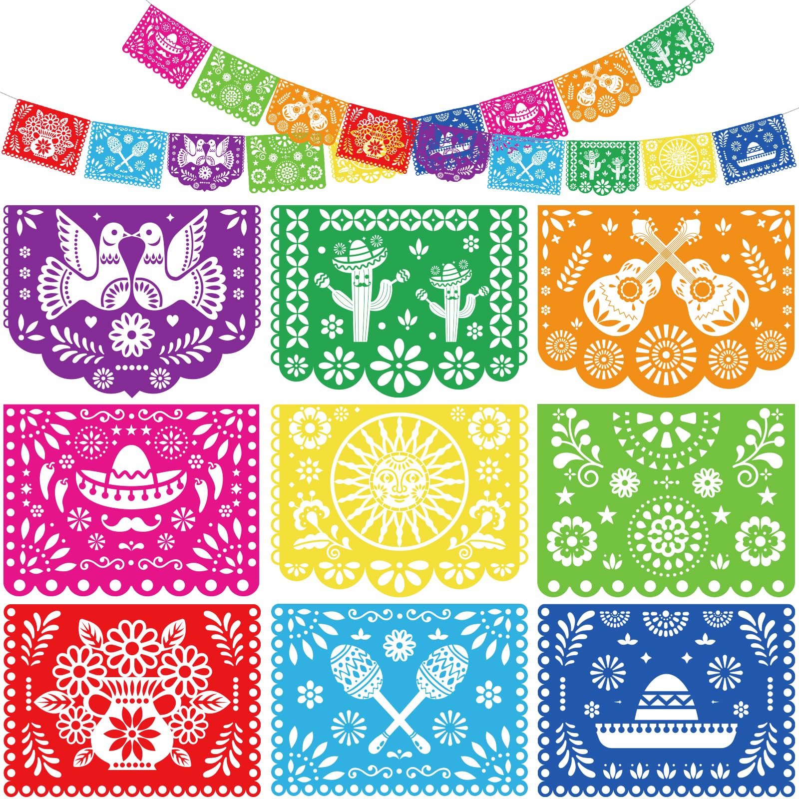 JOHOUSE 2 Pack Mexican Party Banners,36 Feet Fiesta Banner PVC Papel Picado Mexican Fiesta Garland for Cinco De Mayo Fiesta Party Dia De Los Muertos Day of the Dead